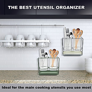 fapugh Kitchen Utensil Holder, Wall Silverware Organizer with Drain Tray, Utensil Holder Flatware Cutlery Storage Organizer for Kitchen Decor and Countertop, with 2 Draining Chopstick Cage (Silver)