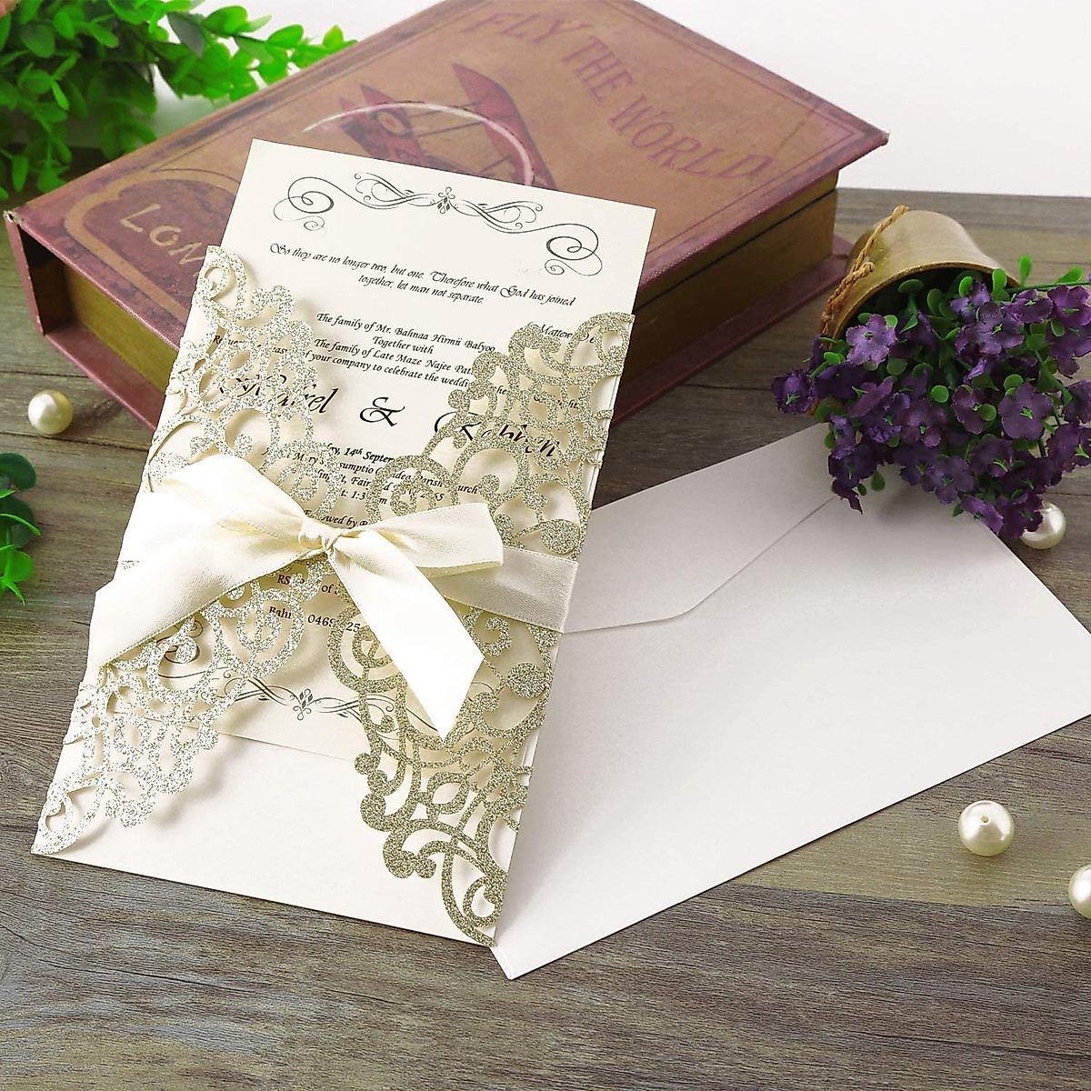 Hosmsua 50PCS 5.12 x 7.3 Glitter Laser Cut Wedding Invitations with bowknot and Envelopes Light Gold Wedding Bridal Shower Engagement Birthday Invitation (Champagne Glitter)