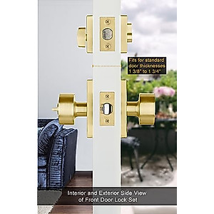 goldenwarm Keyed Alike Gold Door Knob with Deadbolt, Square Contemporary Brushed Gold Exterior Door Lock Set with Deadbolt, Heavy Duty Brass Front Entry Door Locksets with Deadbolt(1 Pack)