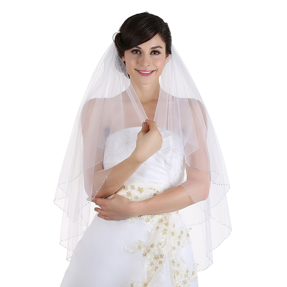 SAMKY 2T 2 Tier Beaded Edge Circular Veil - Light Ivory Clear Crystal Fingertip Length 36"