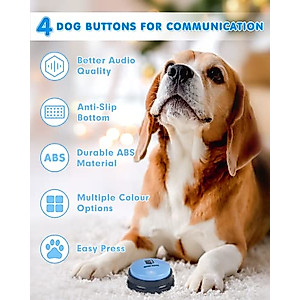 Dog Buttons for Communication, 4 Dog Talking Button Set, Speaking Buttons for Cats and Dogs, 30s Voice Recordable Pet Training Buzzer with Waterproof Dog Activity Mat and 24 Scene Stickers
