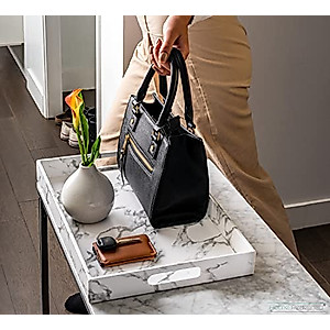 Home Redefined 18”x12” White Marble Faux Leather Decorative Serving Tray with Handles