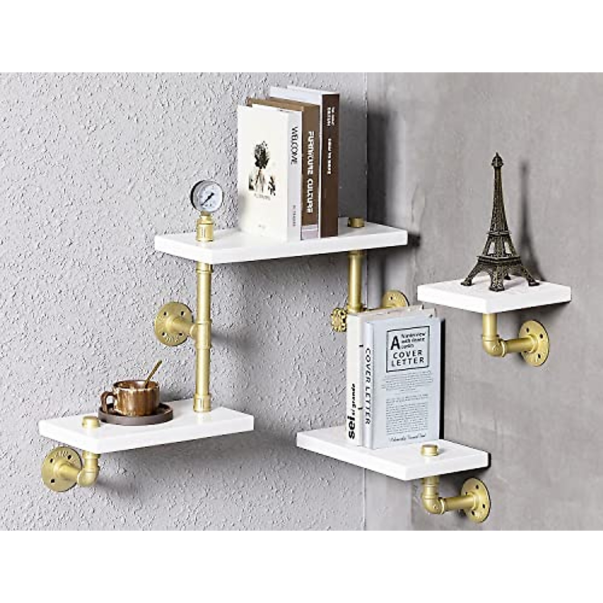 Industrial Retro Wall Mounted Iron Water Pipe Shelf/Bookcase/Shelving – Floating Shelf - Hung Bracket - DIY Storage Bookshelf – Height Adjustable Shelf - Wood Shelf (5-tier wall shelves, gold pipes)