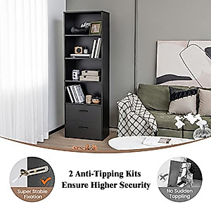 SILKYDRY 74” Tall Bookshelf with 2 Drawers, 4 Tiers Open Storage Shelves, Freestanding Bookcase with Anti-Tip Devices, Wooden Book Organizer Cabinet for Bedroom, Living Room, Home Office (Black)