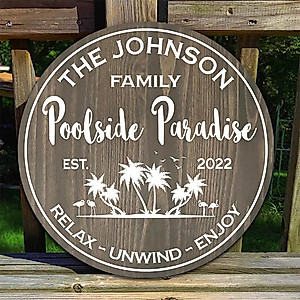 V VIBEPY Personalized Poolside Paradise Signs, Relax Unwind Enjoy Wood Signs 8",12", 18" - Pool Signs, Poolside Signs, Backyard Signs, Welcome Signs, Wooden Signs, Outdoor Signs, Yard Signs, Summer Signs