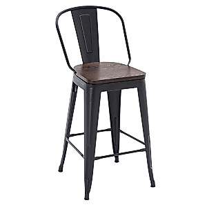 HAOBO Home Swivel Metal Barstools High Back Counter Bar Stools Set of 4 (Matte Black with Wooden Seat, Swivel 24 inch)