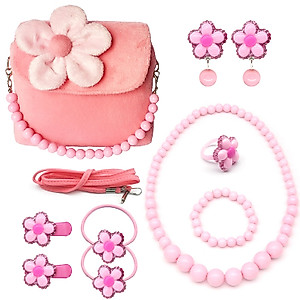 Elesa Miracle Little Girl Handbag Beauty Set Kids Plush Handbag + Flower-Shaped Clip-on Earrings Rings Hair Clips and Hair Ties + Necklace and Bracelet Set (Pink)