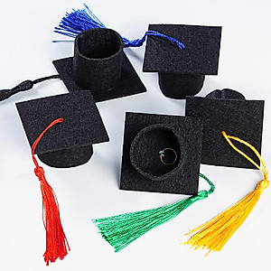 12 Mini Graduation Cap Bottle Toppers with Tassels - Black Felt Crafts for Party Table Decorations (Mixed)