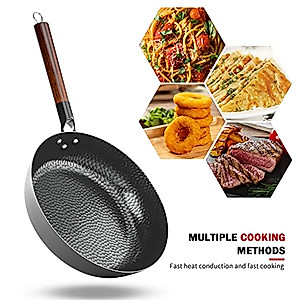 Iron Wok and Stir Fry Pans,11 inch Carbon Steel Pan Pure Hand Hammered Woks Uncoated Non-Stick Cast Iron Wok Chinese Wok Cookware Pan Kitchen Tools for Gas and Induction Cooker