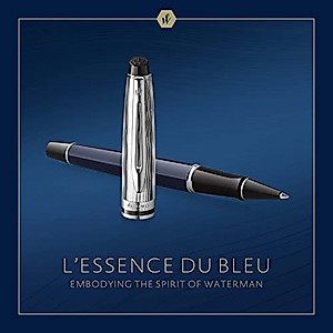 Waterman Expert Rollerball Pen | Metal & Blue Lacquer | Chiselled Cap | Black Ink | Gift Box