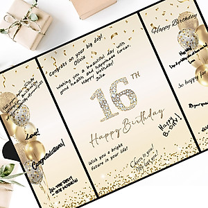 DARUNAXY Black Gold 16th Birthday Party Decorations, Happy 16th Birthday Alternative Signature Guest Book for Boys & Girls Sweet 16 Years Old Gifts 16 Birthday Signing Card Board Party Supplies