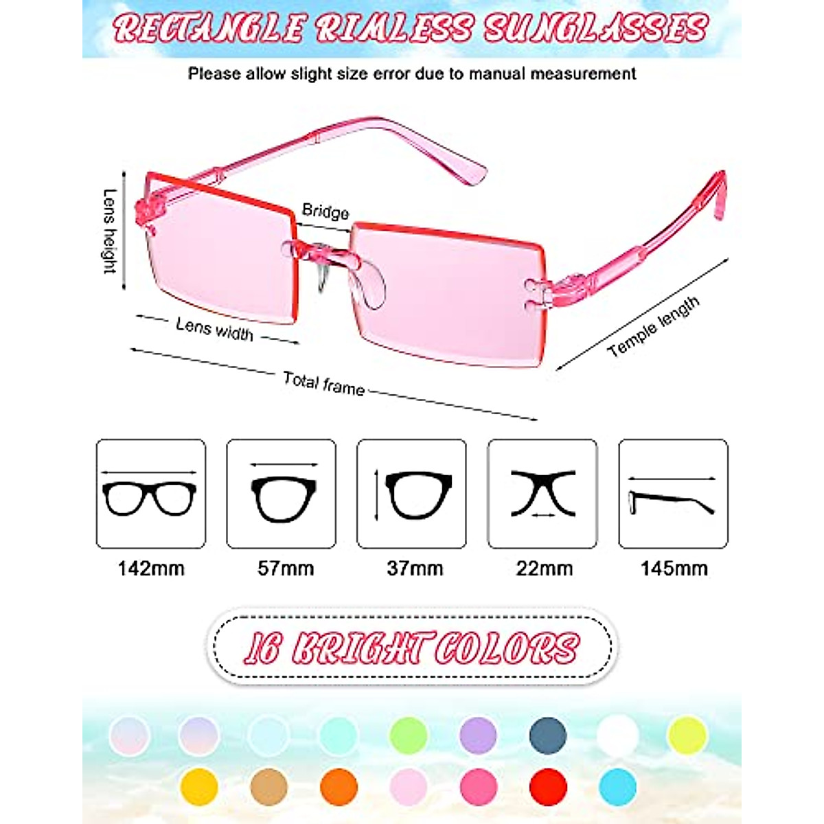 LEIFIDE 16 Pairs Rimless Rectangle Sunglasses Vintage Frameless Sunglasses Transparent Candy Color Glasses Tinted Retro Square Eyewear for Women Men, 16 Colors