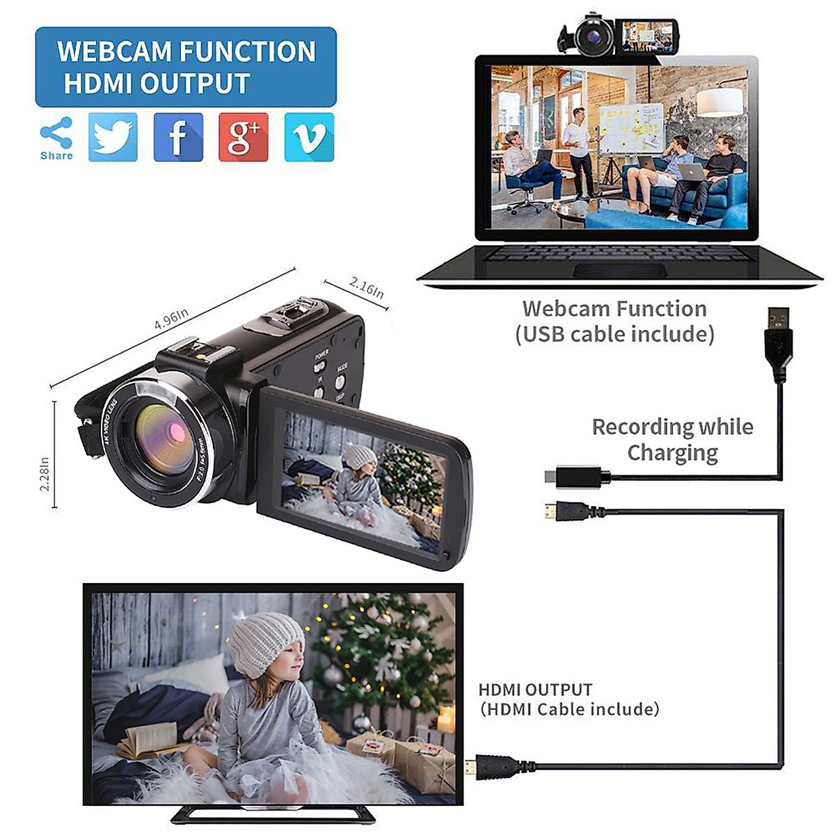 BAIZE Video Camera Camcorder 4K Digital Camera 48MP 16X Digital Zoom 3.0 Inch LCD 270 Degrees Rotatable Screen for Selfie Pause Function with External Microphone (Two Batteries and 32GB SD Card)