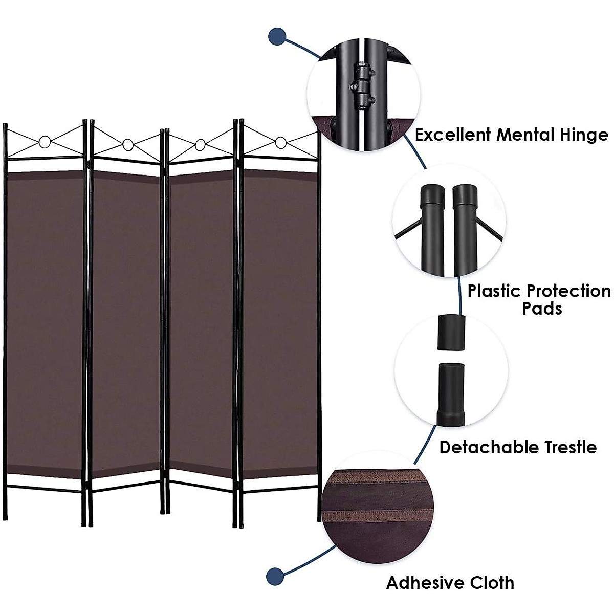 Squareful 4-Panel Room Divider, 6ft Folding Freestanding Screen w/Steel Frame & Fabric Surface, Portable Privacy Partition for Home Office, Brown