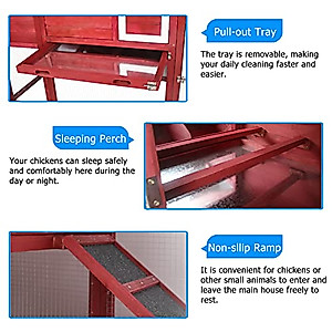 PetsCosset Chicken Coop Wooden Backyard Hen House - Indoor Outdoor for 2-3 Chickens, 2 Story Poultry Cage with Run, Chicken Nesting Box, Pull Out Trays and Anti-Slip Asphalt Ramp