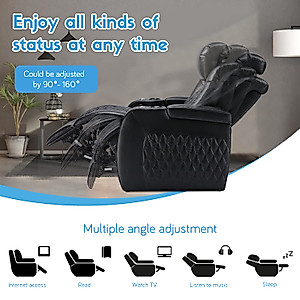 Weilianda Home Theater Seating Top Grain Leather Recliner Chair Dual Power Electric Headrest Movie Gaming Sofa with Tray Table Type-C USB Charge Cup Holders (Row of 3 Loveseat, Black)