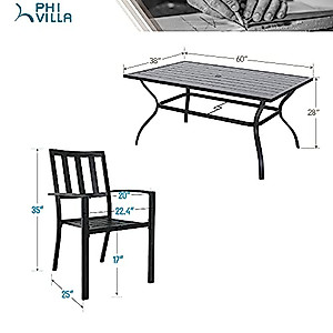 PHI VILLA 7 Piece Outdoor Patio Dining Set for 6, 60” Rectangular Metal Dining Table with Umbrella Hole & 6 Metal Stackable Chairs for Deck, Yard, Garden