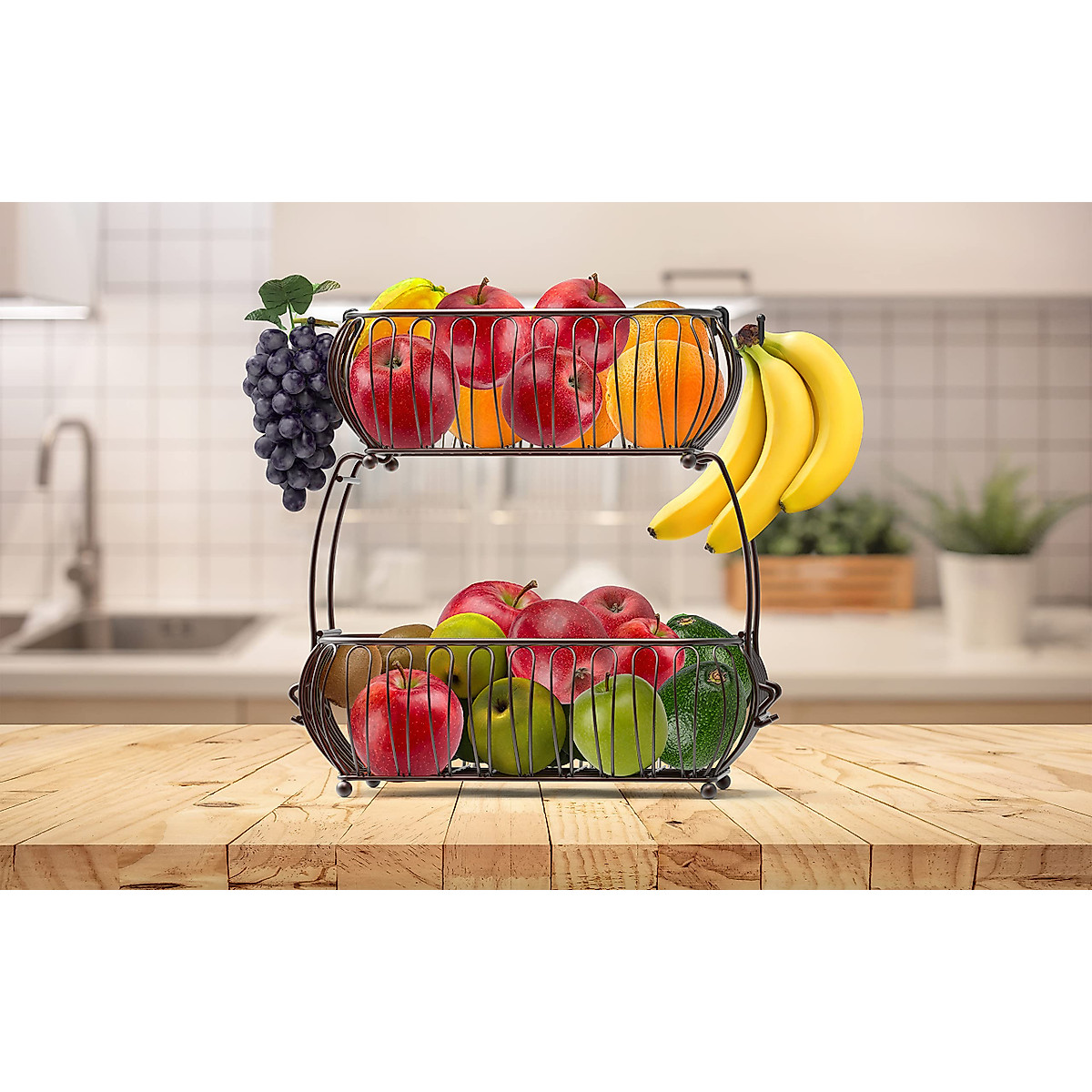 Simple Houseware 2-Tier Countertop Oblate Fruit Basket Holder, Bronze