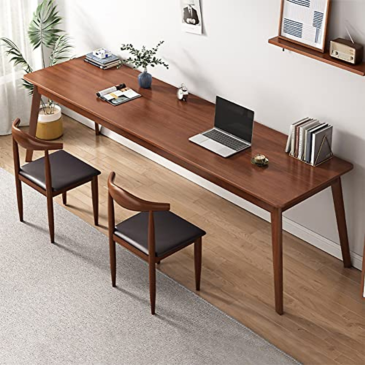 NELYE Mid-Century Long Desk Table - 71 Inches Wood Simple Modern Extra-Long 2-Person Computer Workstation for Home Office Work, Walnut, 71" W x 24" D x 30" H