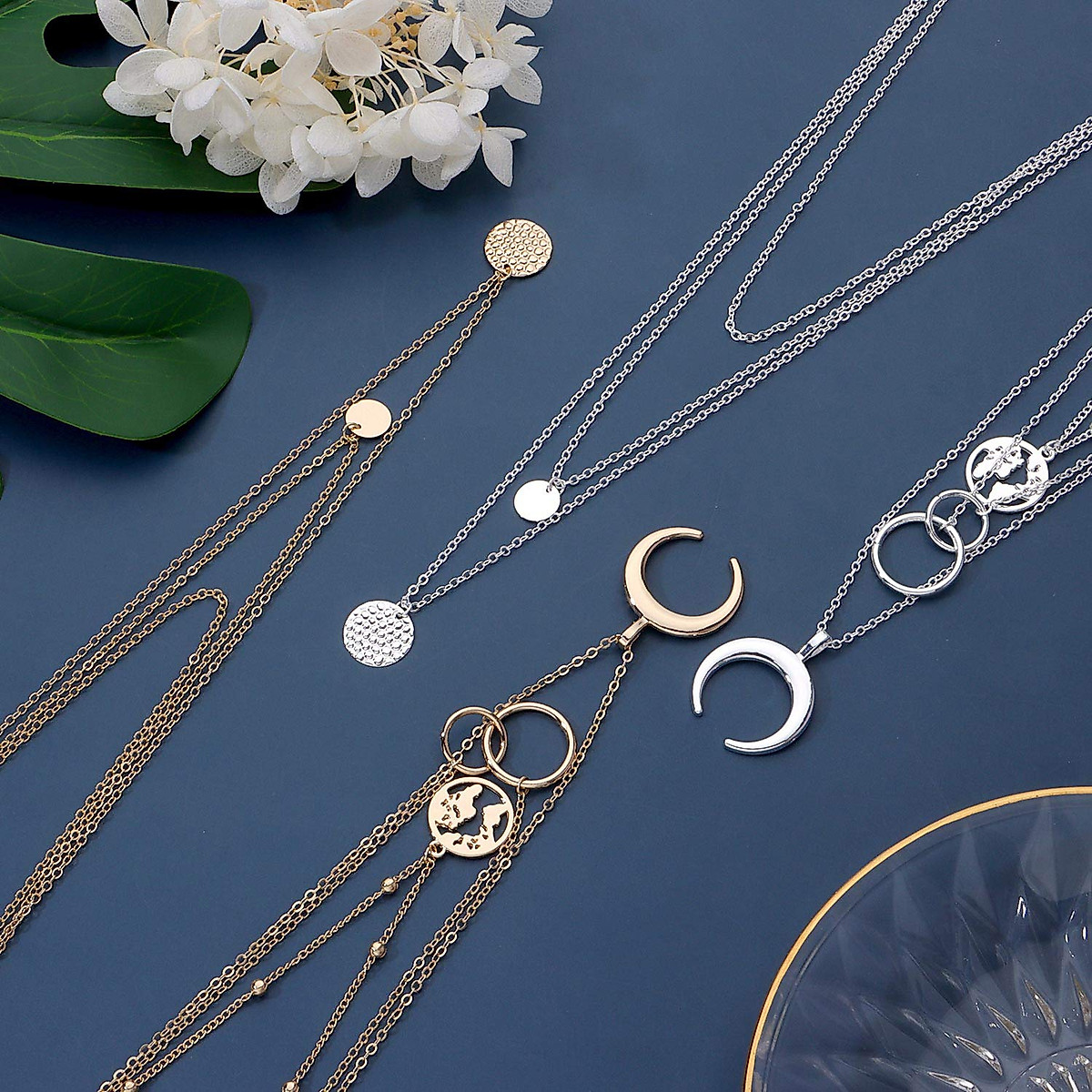 Biokia 6 Pieces Layered Necklaces For Women Long Necklaces Gold Choker Necklaces Map Coin Bar Crescent Moon Necklace Layered Y Pendant Necklace Multilayer