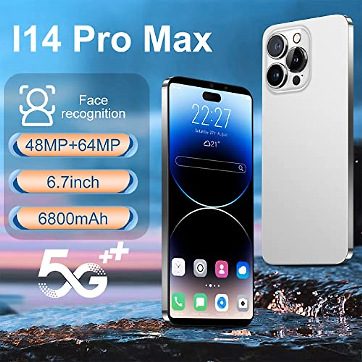 Unlocked Android11 Smartphone,4GB RAM 64GB ROM Cell Phone,16MP Camera,Ten Cores Processor,Face Recognition,BT,FM,GPS,7000mAh,White