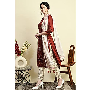 Lagi Women Straight Printed 3/4 Sleeves Rayon Kurti Pant and Dupatta Set, Rust [M]