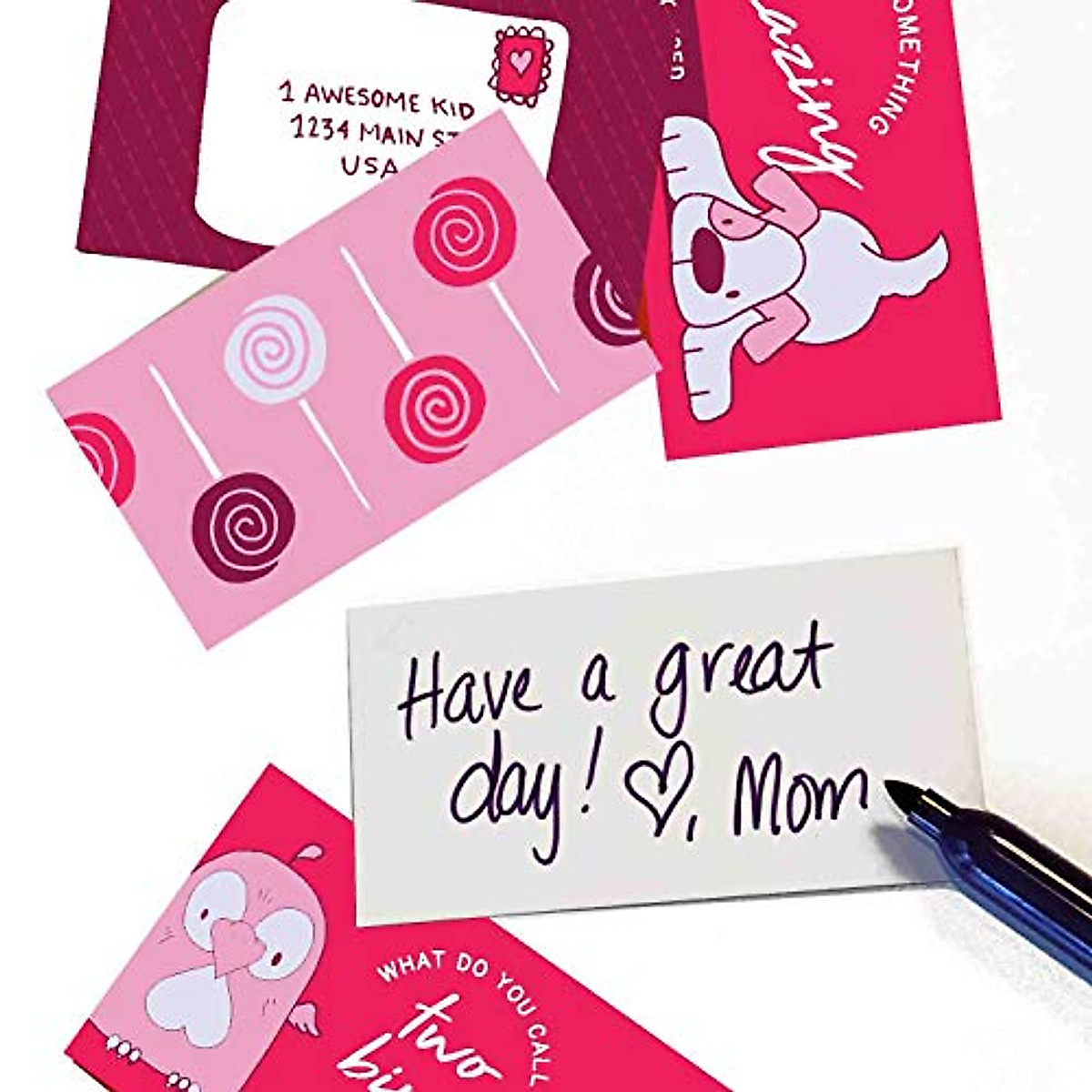 GSM Brands Valentines Day Lunch Box Notes 60 Pack for Kids & Students with 30 Different Lunchbox Cards Designs