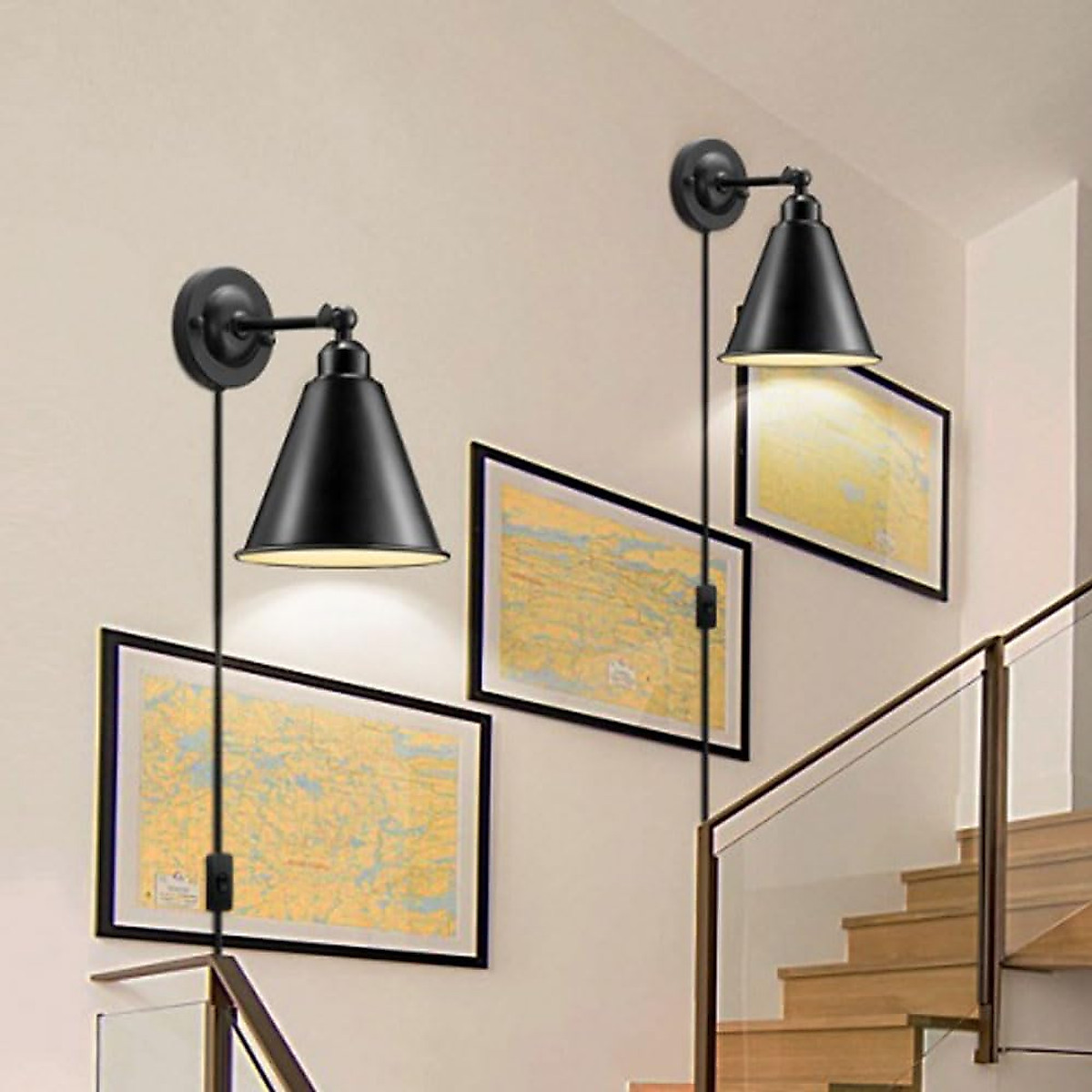 MODEBHD Swing Arm Wall Lamp Plug-in Cord Industrial Wall Sconce, Iron Black Finish,with On/Off Switch, E26/E27 Base,2pack Bedroom Wall Lights Fixtures,Bedside Reading Lamp