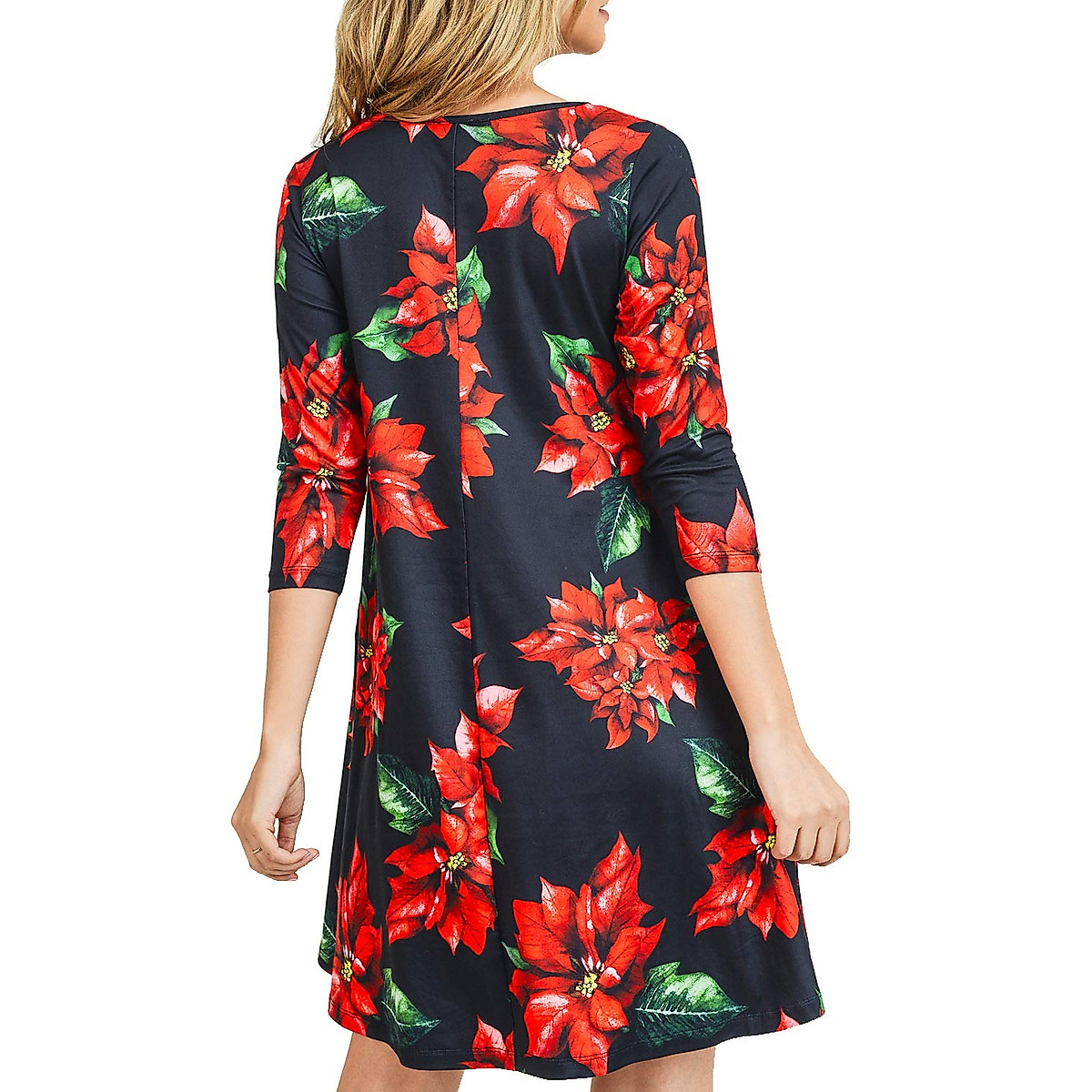 ICONOFLASH Women's Plus Size Christmas Flower Dresses with Pockets XL 3/4 Sleeves Flared Swing Dress Poinsettia Holiday Party Black
