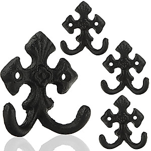 4 Pack Wrought Iron Wall Hooks, Cast Iron Heavy Duty Double Hooks, Decorative Wall Mounted Coat Hooks, Vintage Wall Hooks for Farmhouse Home Garage Tool Shed Hanging Coat, Keys, Towel, Tools, Hat
