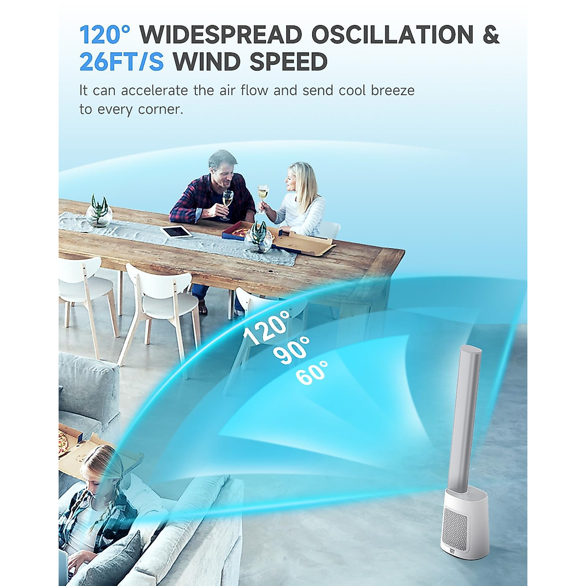 Gimify 40'' Bladeless Tower Fan for Home with Remote Control, Quiet 120° Oscillating Fan with 3 Modes 12 Wind Speeds,12H Timer, Standing Fan with HEPA Filter 99.97% Smoke Dust for Bedroom Office