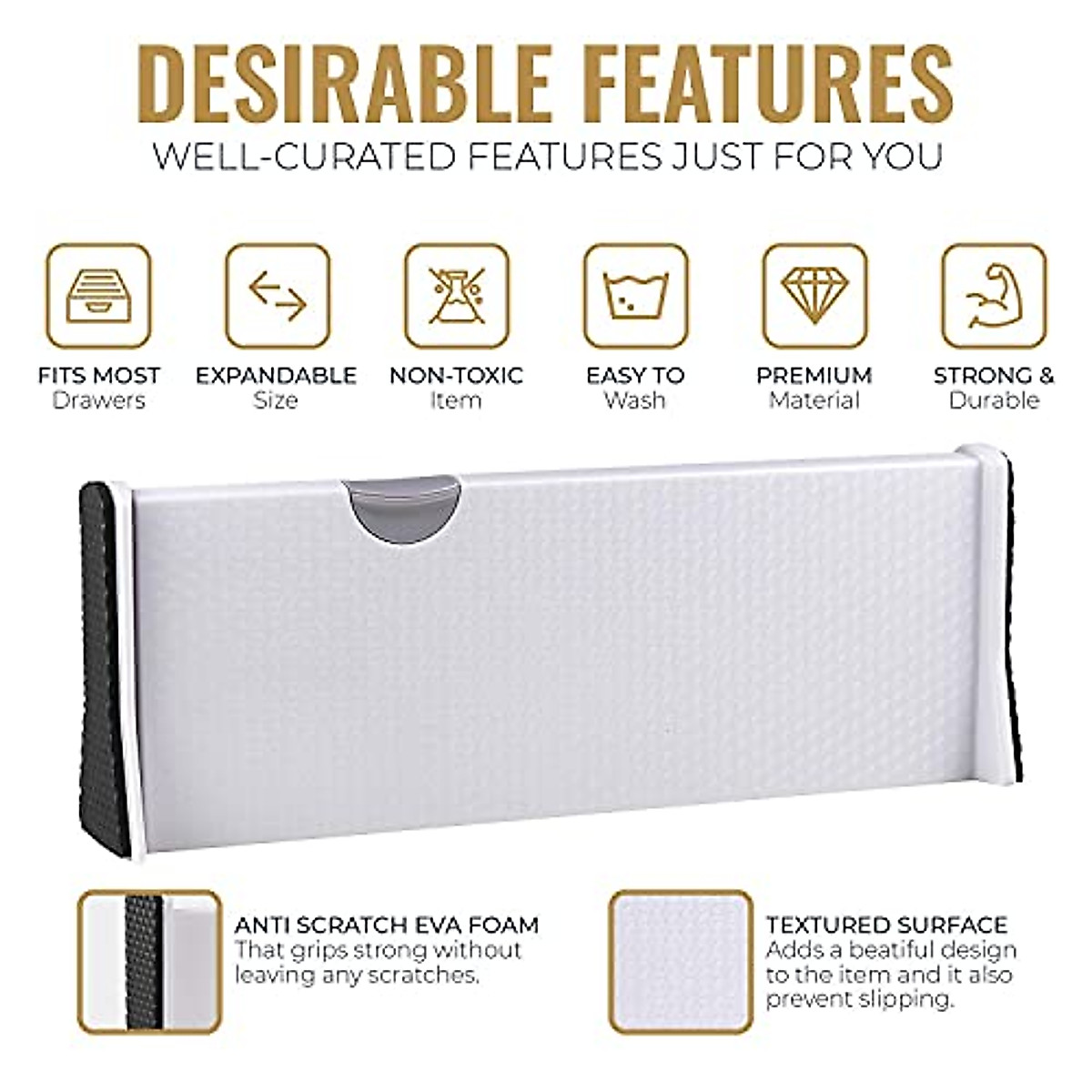 RAPTUROUS Deep Drawer Divider - 4 Inches High, Expands from 11-17 Inch, Adjustable Tall Dividers for Kitchen, Bedroom - Expandable Organizers for Clothes, Dressers etc - 5 Pack White Drawer Separators