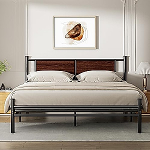 HAOARA Queen Size Bed Frame with Rustic Wood Headboard, Metal Heavy Duty Platform Frame, Sturdy Steel Slat Support, No Box Spring Needed, Black
