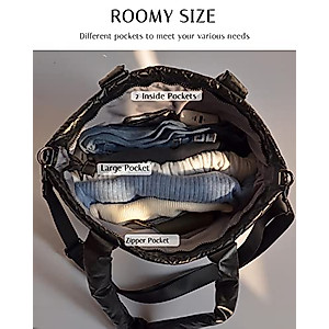 Hsitandy Quilted Tote Bag for Women,Weekender Bag,Light Nylon Quilted Crossbody Shoulder Bag for Travel,Work(Black)