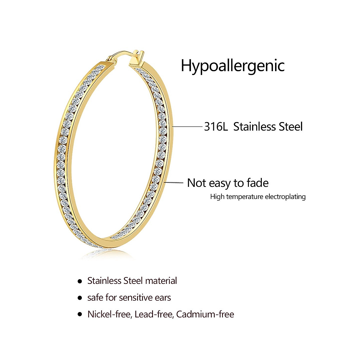 Large Gold Stainless Steel Hoop Earrings for Women, Big Cubic Zirconia Hoops ARSKRO Hypoallergenic Huge Rhinestone Crystal 50mm 2 inch Ear Ring Jewelry Gifts for Women Girlfriends Sensitive Ears