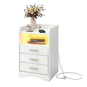 Halitaa White Night Stand with Charging Station, Side Tables with USB Ports & Outlets, End Table with 3 Drawers,LED Night Stand with Storage for Living Room/Bedroom