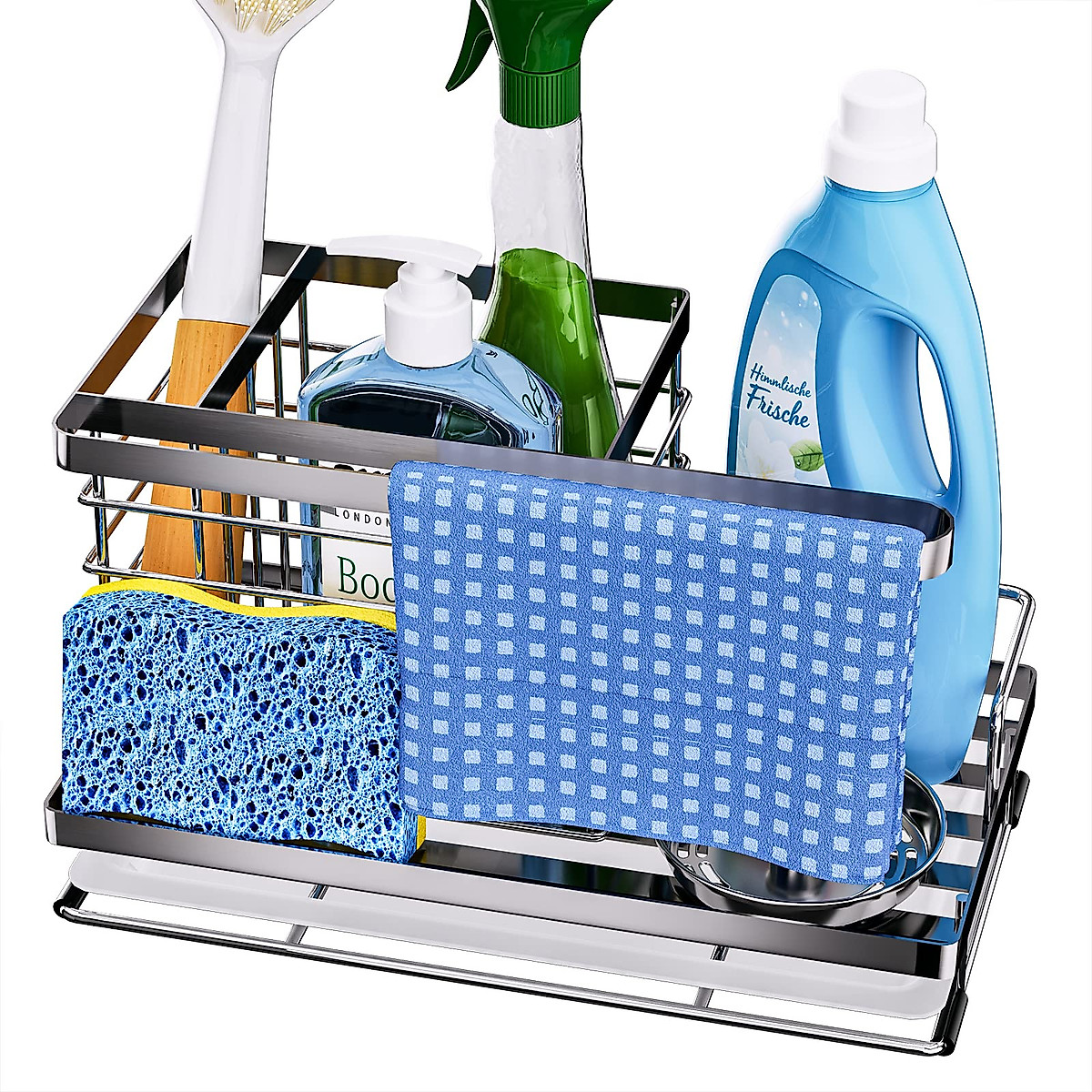 SWTYMIKI Kitchen Sink Caddy Organizer with Dishcloth Holder, Rustproof Stainless Steel Sponge Holder with Removable Drain Tray, Sink Rack Holds Sponge, Dishcloth and Brush in Silver