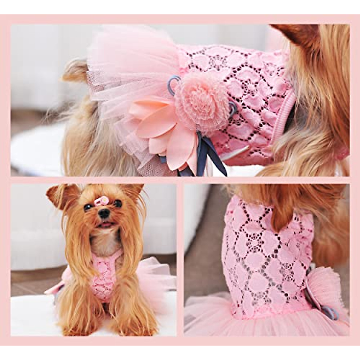 MSNFOASM 2Pack Dog Sweetie Flower Mesh Dress,Dog Lace Tutu Skirt Wedding Dress for Small Girl Dogs Cats（Pink&Green M）