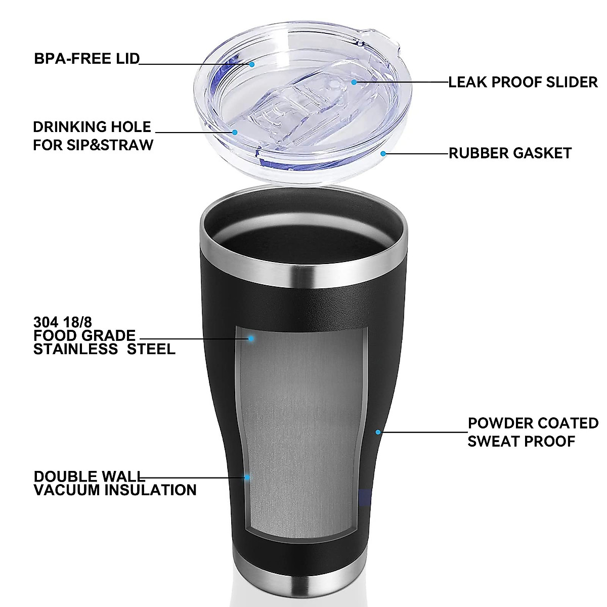 DOMICARE 30 oz Tumbler with Lid and Straw, Stainless Steel Tumblers Bulk, Insulated Vacuum Double Wall Coffee Travel Mug, Powder Coated Tumbler, Black 8 Pack