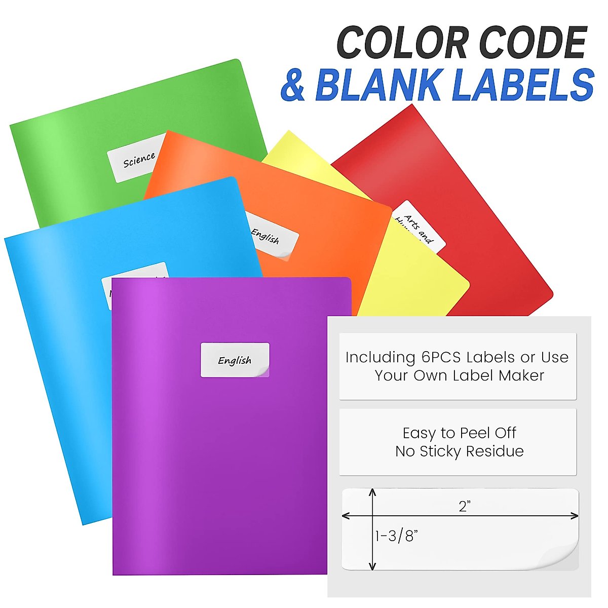 Sooez 6Pack Folders with Pockets, Pocket Folders with Extra Labels, Plastic Folders with Pockets, 2 Pocket Folders Bulk, Heavy Duty File Folders, School Folders Business Folder Office Filing Supplies