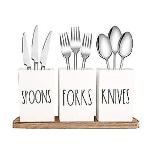 CHONIC Farmhouse Silverware Holder, Rustic Wood Silverware Caddy with Tray, Spoon Fork Knives Flatware Dispenser, Utensil Countertop Organizer, Plastic Cutlery Holder for Kitchen Party (White)