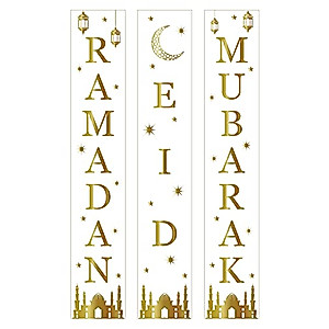 2 in 1 Ramadan Eid Mubarak Door Banner for Home,Mosque,Iftar,Eid Al Adha,Eid Al Fitr, Ramadan and Eid Decoration, Includes 1 Crescent and Star Banner (White)