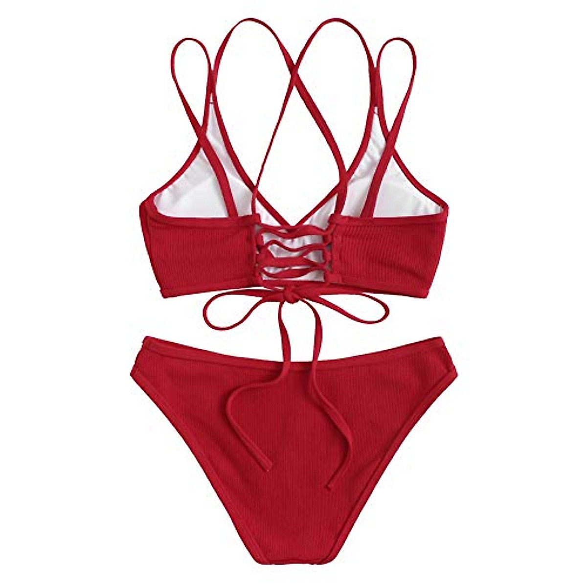 SweatyRocks Women's Bathing Suits Spaghetti Strap Criss Cross Back Bikini Ribbed Swimsuit Red Small