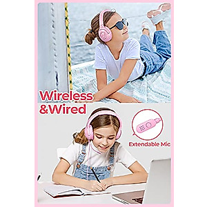 E5 Kids Wireless Headphones with Microphone, Bluetooth 5.0 Over Ear Wireless Kids Headphones with Volume Control 85dB/93dB, 40H Playtime,Sharing Function,for School/iPad/Tablet/Boys/Girls (Pink)