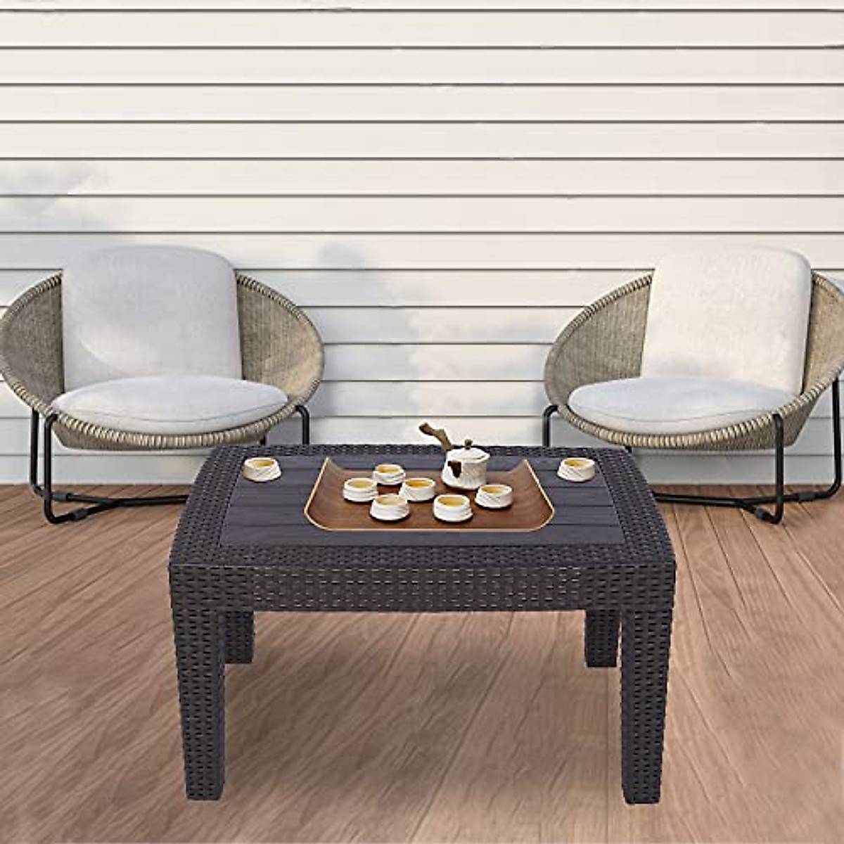 Varbucamp Rattan Outdoor Coffee Tables for Patio, Sturdy Rectangular Faux Wicker Patio Table, Easy to Assemble with Plastic Legs, Brown
