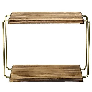 MyGift 2-Tier Burnt Wood Wall Mounted Display Shelves with Vintage Brass Metal Frame