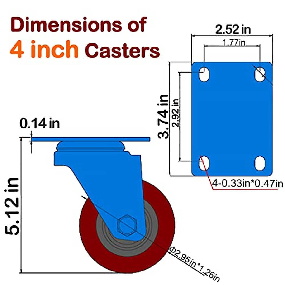 ABSLIMUS 4 inch Heavy Duty Casters Load 2400lbs, Lockable Bearing Plate Caster Wheels with Brakes, 360-degree Swivel Casters for Furniture and Workbench Cart, Set of 4 (Free Screws and a Spanner)