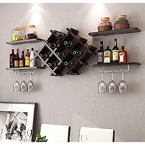 Gdrasuya10 Wall Mounted Wine Racks Shelves, Set of 5 Wine Storage Display Rack Wooden Wine Bottle Shelf Set with Glass Holder Multifunctional Rack (1 Wine Rack & 4 Shelves) Black