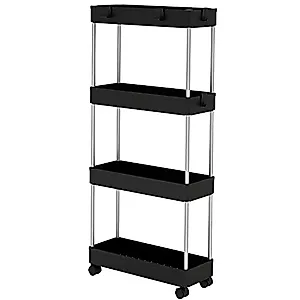 MuRealy Utility Rolling Cart 4 Tier - Multifunction Storage Organizer Cart with Wheels, Heavy Duty Utility Cart with Hooks, Slim Shelf Trolley for Cleaning Supplies Cosmetic and Kitchen Spice, Black