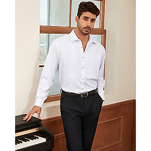 J.VER Men's Tuxedo Shirt Formal Dress Shirt Pleated Long Sleeve Button Down Shirts for Prom Party Wedding Solid White